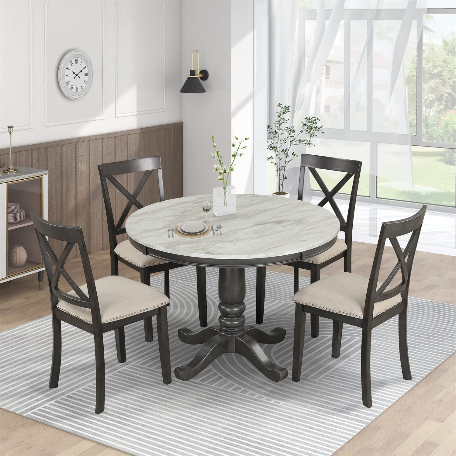 5 Pieces Dining Table Set for 4 Persons, Wooden Dining Table Set with One Faux Marble Dining Table and 4 Upholstered-Seat Chairs Modern Counter Height Dining Table Set for Kitchen Living Room, Gray