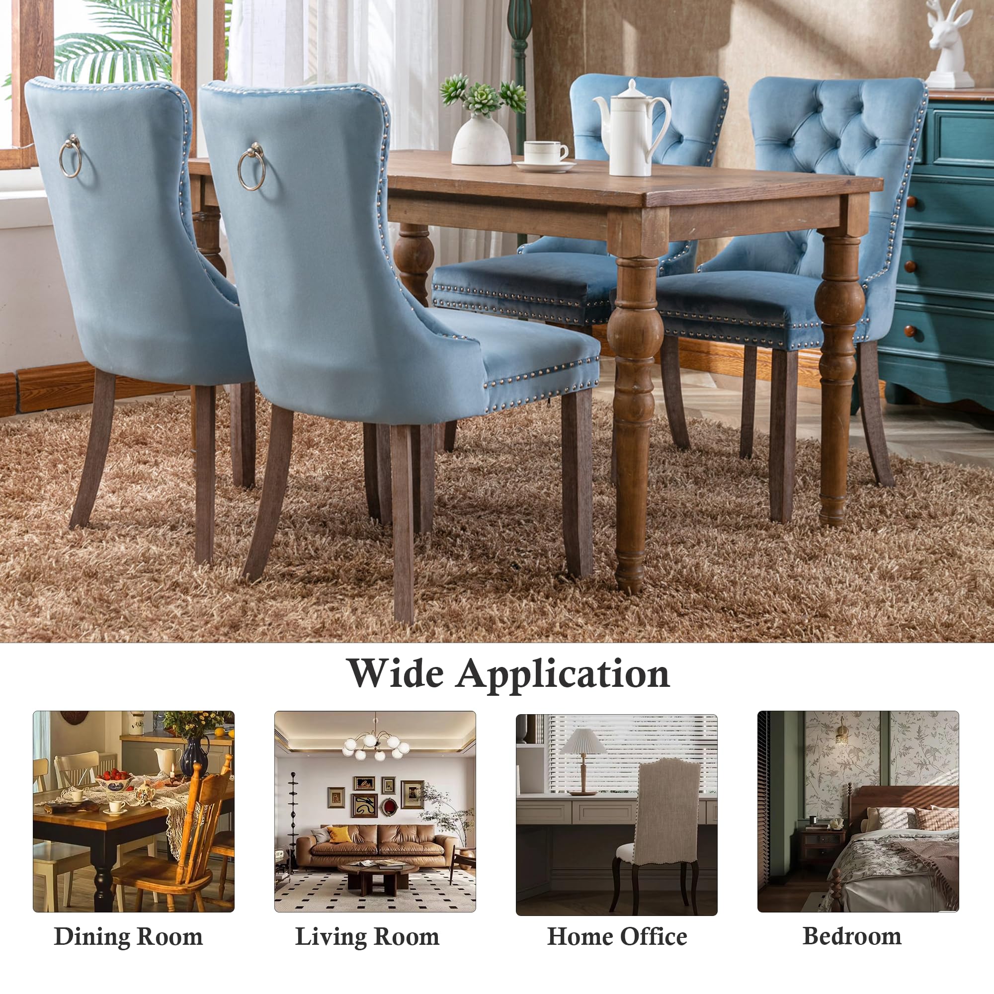 Rhomtree Set of 6 Velvet Fabric Dining Chairs Luxury Tufted Back with Nailed Trim and Back Ring Pull Home Kitchen Dining Room Chairs Armless Side Chairs Solid Rubber Wood Legs (Light Blue)