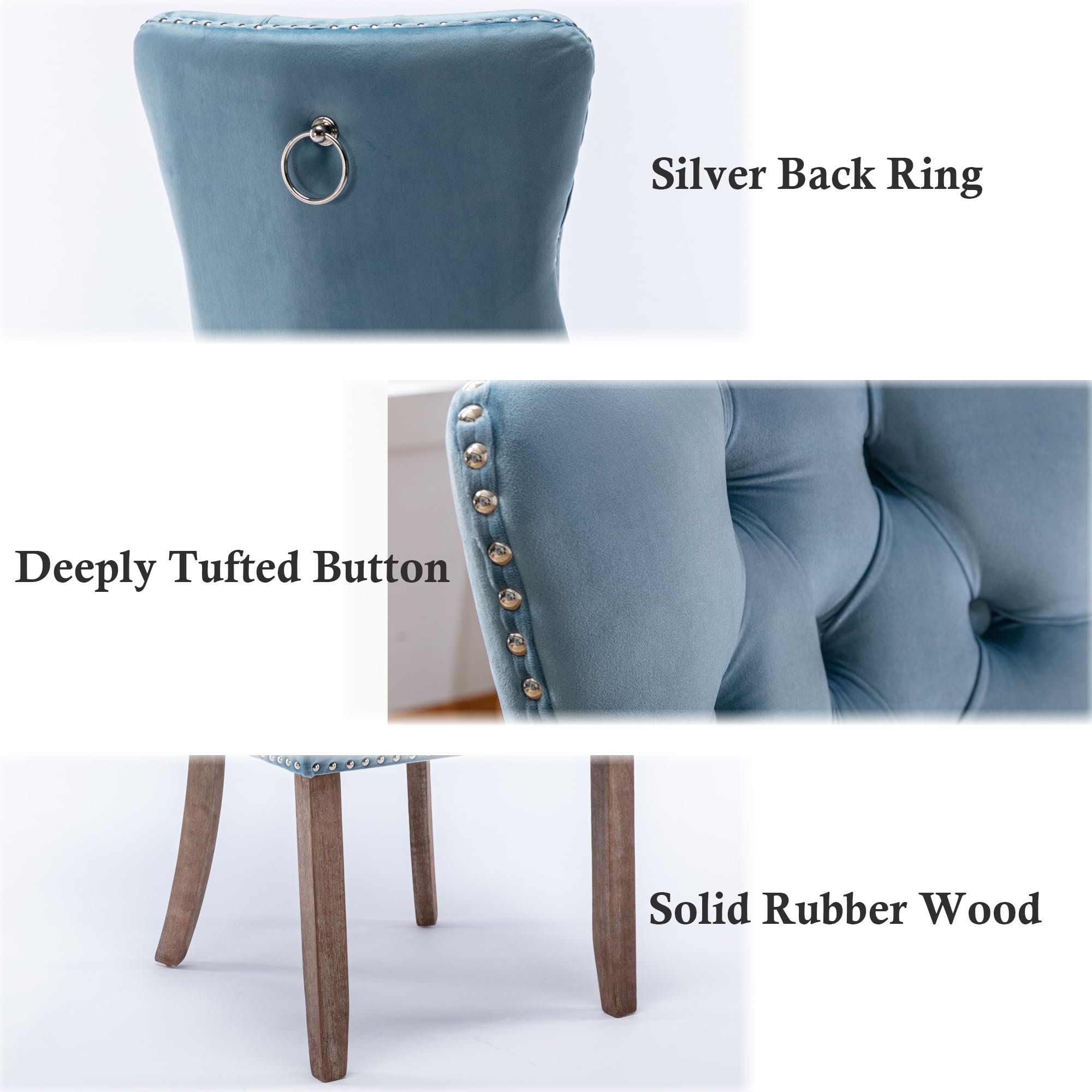 Rhomtree Set of 6 Velvet Fabric Dining Chairs Luxury Tufted Back with Nailed Trim and Back Ring Pull Home Kitchen Dining Room Chairs Armless Side Chairs Solid Rubber Wood Legs (Light Blue)