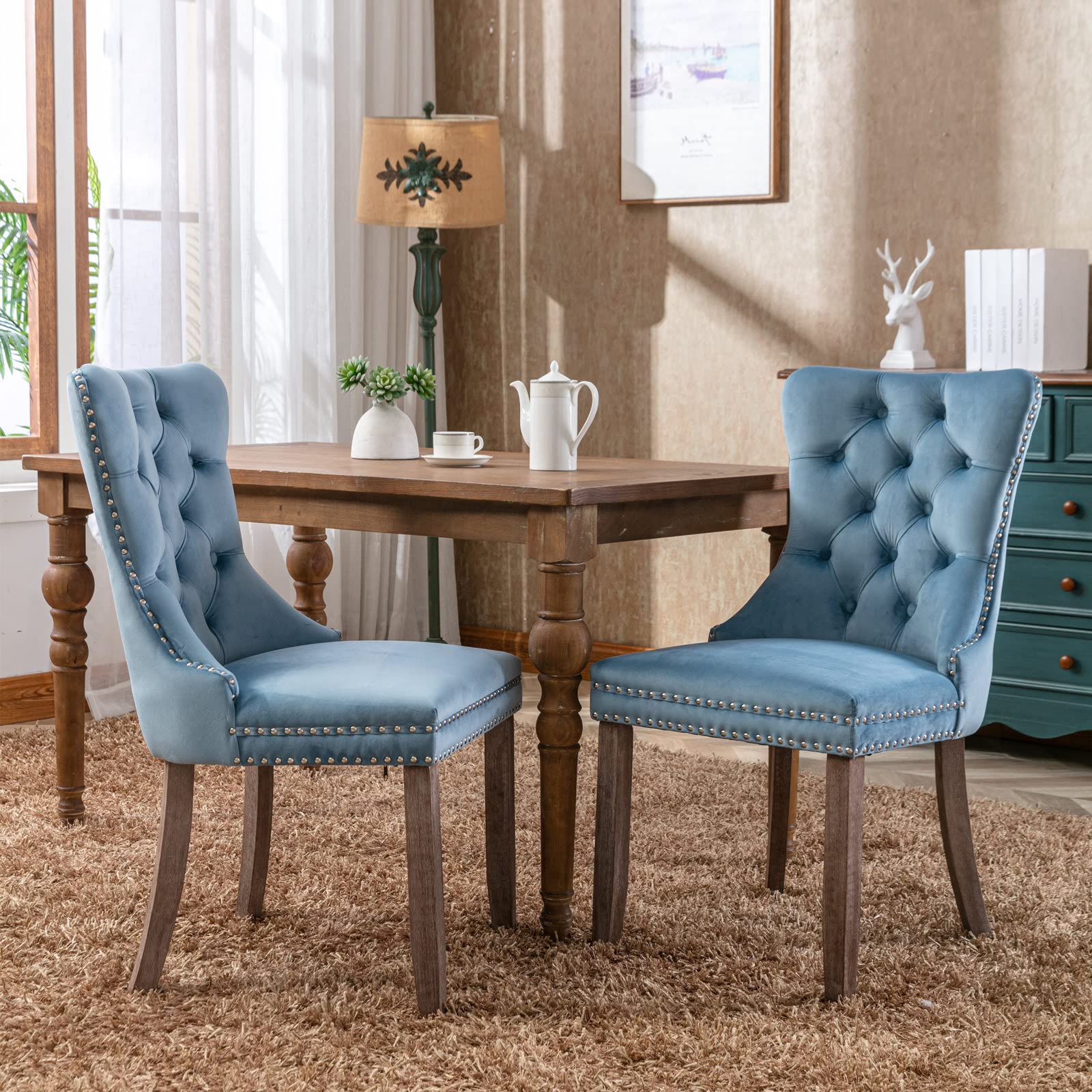 Rhomtree Set of 6 Velvet Fabric Dining Chairs Luxury Tufted Back with Nailed Trim and Back Ring Pull Home Kitchen Dining Room Chairs Armless Side Chairs Solid Rubber Wood Legs (Light Blue)