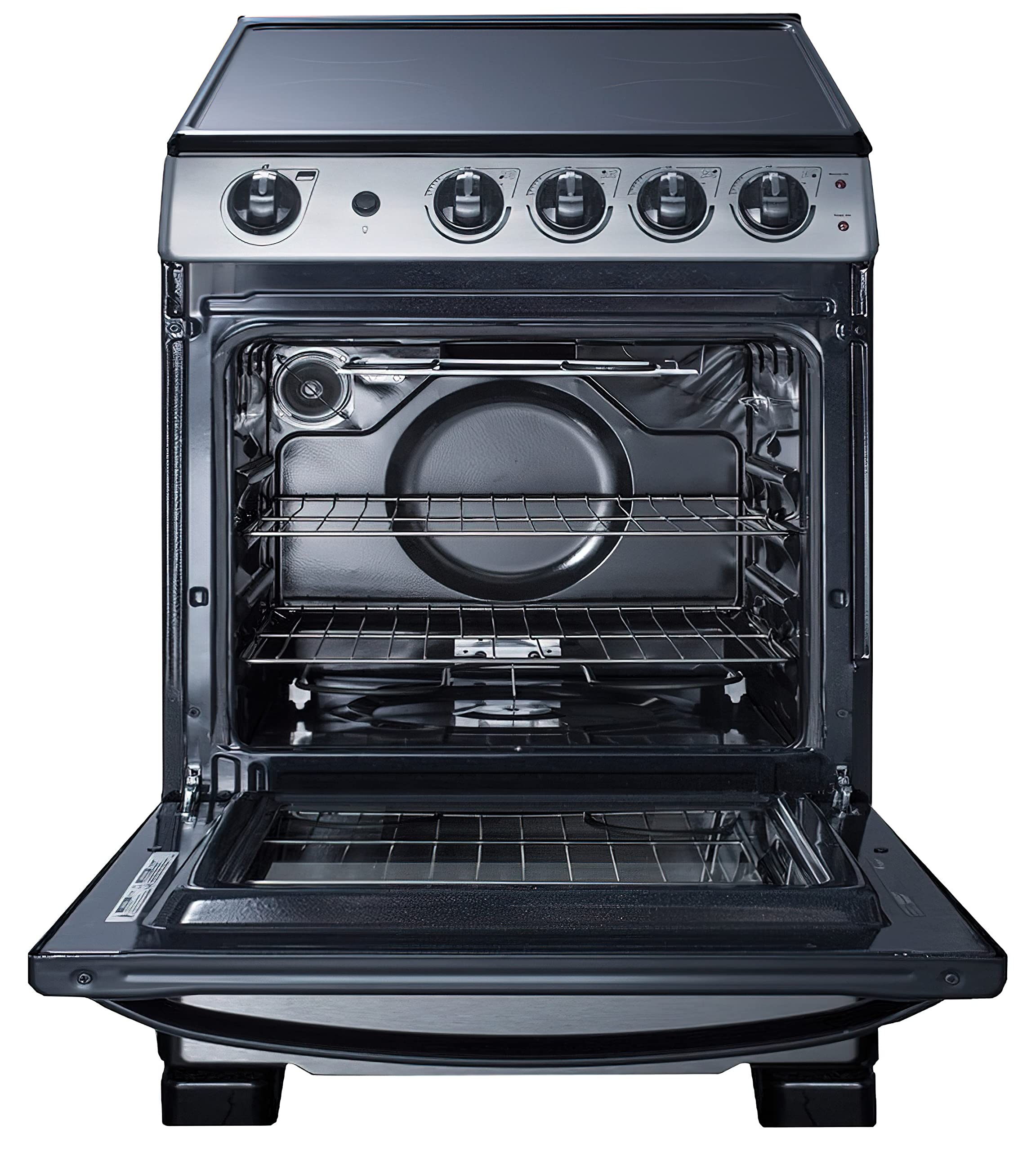 Summit Appliance REXH24RSS 24" Wide Electric Range and Convertible Hood Set, Push-to-turn Knobs, 4 Cooking Zones, Stainless Steel Hood, Adjustable Racks, Smooth Ceramic Glass Top, Boiler Tray