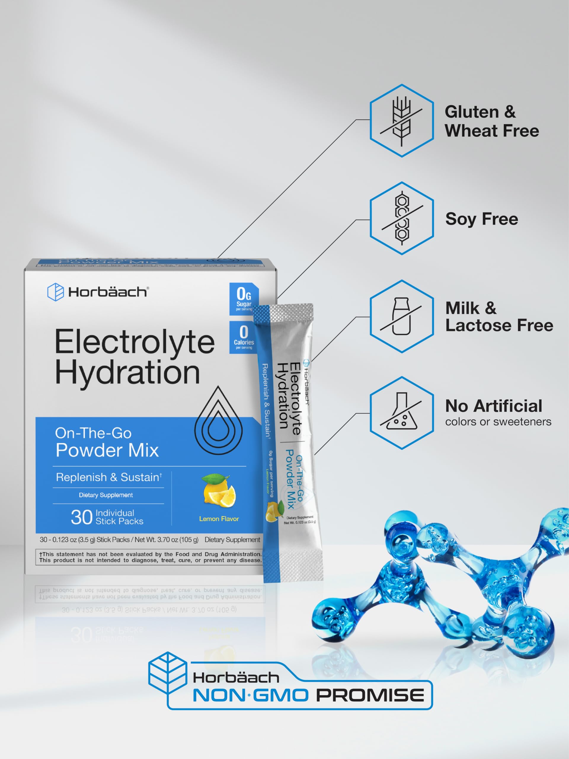 Horbäach Electrolyte Powder Packets | 30 Sticks | Lemon Flavor | On-The-Go Powder Mix | Vegetarian | Keto-Friendly | Non-GMO, Gluten Free Supplement