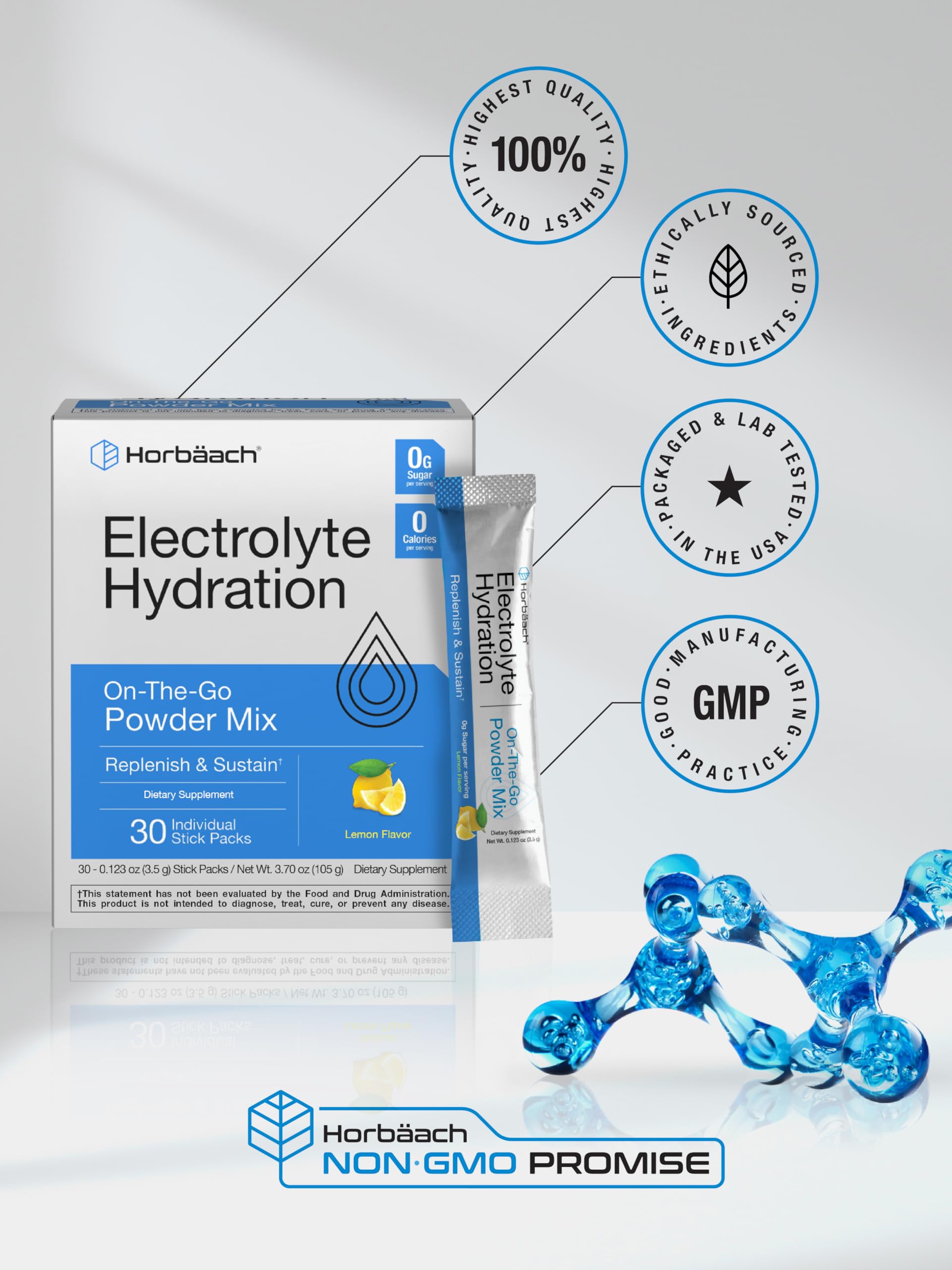 Horbäach Electrolyte Powder Packets | 30 Sticks | Lemon Flavor | On-The-Go Powder Mix | Vegetarian | Keto-Friendly | Non-GMO, Gluten Free Supplement