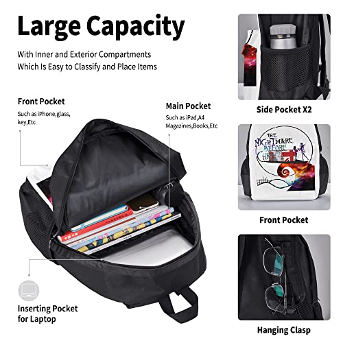 halloween nightmare 3 Piece Backpack Set Cartoon Backpack with Lunch Box Pencil Case for girls teens Women Men Durable Laptop Bag school backpack Wear Resistant christmas Hiking Camping Daypack C 99
