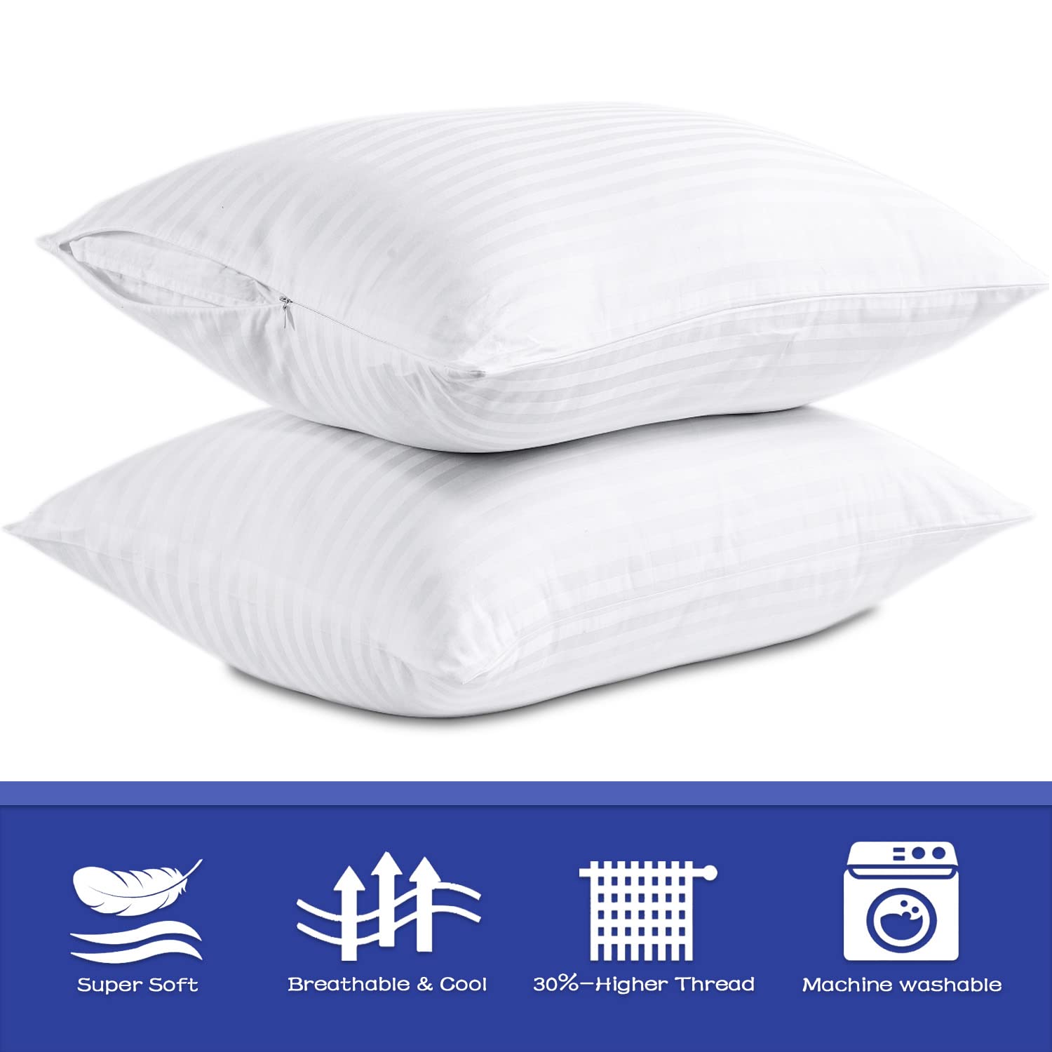 100% Cotton Pillow Protectors with Zipper Queen Size, White Pillow Cases for Home & Hotel, Sateen Soft Cooling Hidden Zippered Pillow Case Protector for Hair & Skin, 20x30 in, 1 Pack