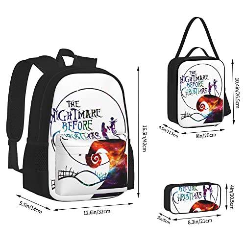 halloween nightmare 3 Piece Backpack Set Cartoon Backpack with Lunch Box Pencil Case for girls teens Women Men Durable Laptop Bag school backpack Wear Resistant christmas Hiking Camping Daypack C 99