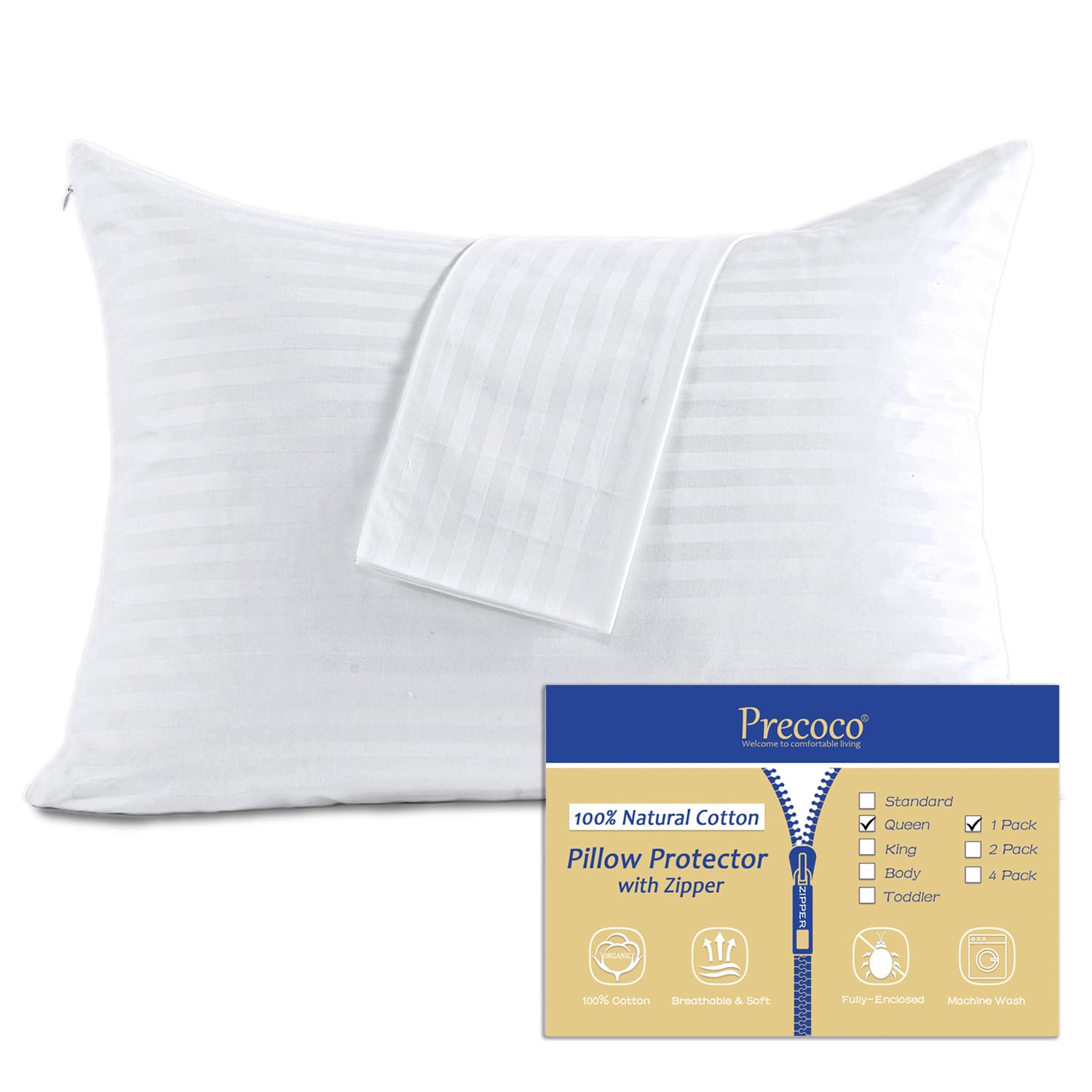 100% Cotton Pillow Protectors with Zipper Queen Size, White Pillow Cases for Home & Hotel, Sateen Soft Cooling Hidden Zippered Pillow Case Protector for Hair & Skin, 20x30 in, 1 Pack