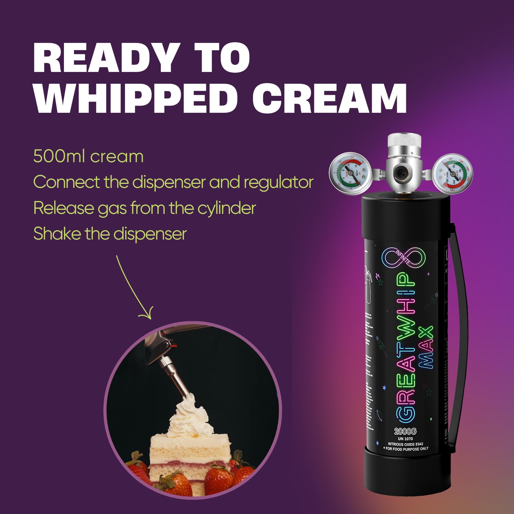 GreatWhip Whipped Cream Chargers, 3.3L Tanks, 2000g Whip Cream Charger Cylinder, 2 Cylinder