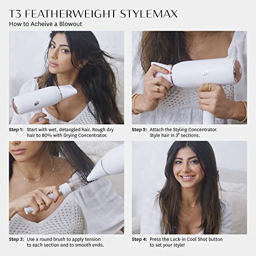 T3 Featherweight StyleMax Professional Ionic Hair Dryer with Custom Heat Automation & 4 Attachments, Fast Drying, Lightweight with 5 Heat & 3 Speed Settings, 2 Concentrators, Diffuser & Smoothing Comb