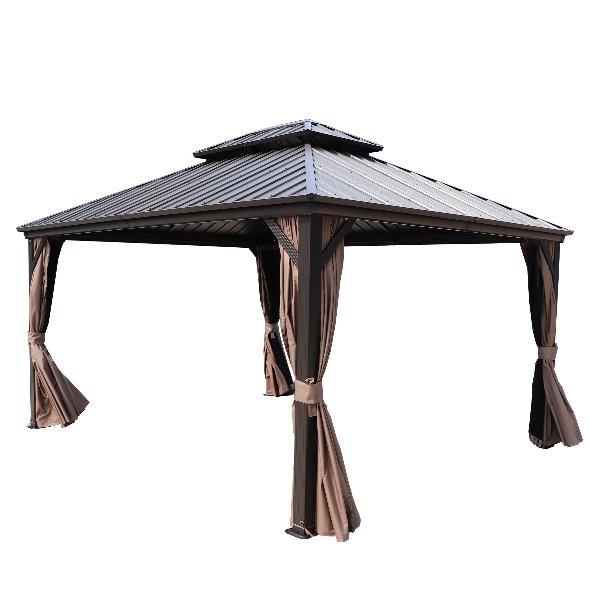 Kozyard Caesar 12'x14' Hardtop Gazebo - Permanent Metal Pavilion with Netting and Shaded Curtains for Patio, Backyard, and Deck - Galvanized Steel Outdoor Aluminum Canopy, Double Roof Gazebo (Brown)