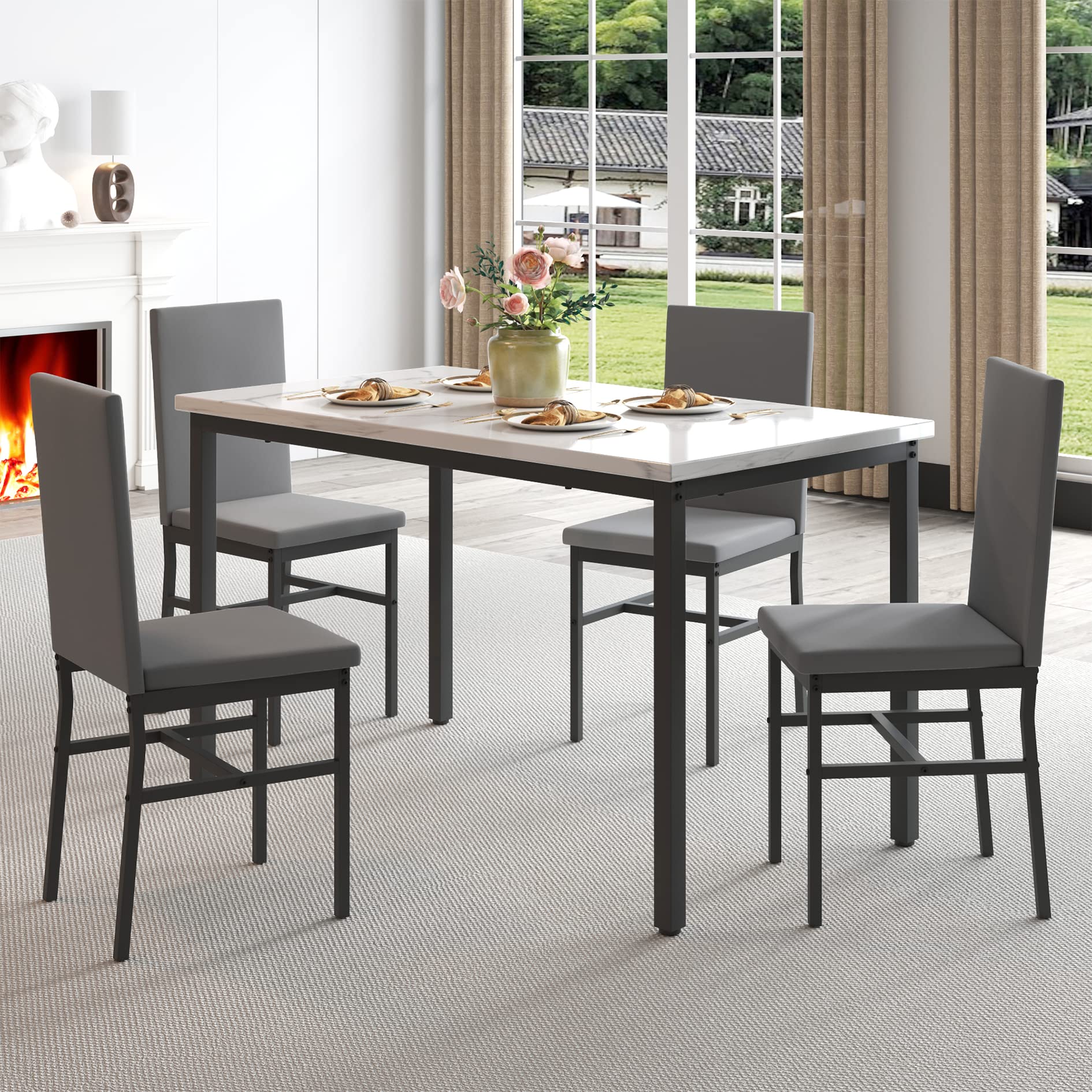 YOFE Dining Table Set for 4, Kitchen Table with 4 Chairs,Faux Marble Tabletop & 4 Durable Gray Velvet Chairs for Dining Room,Kitchen, Dinette, Breakfast Nook (Gray+White)