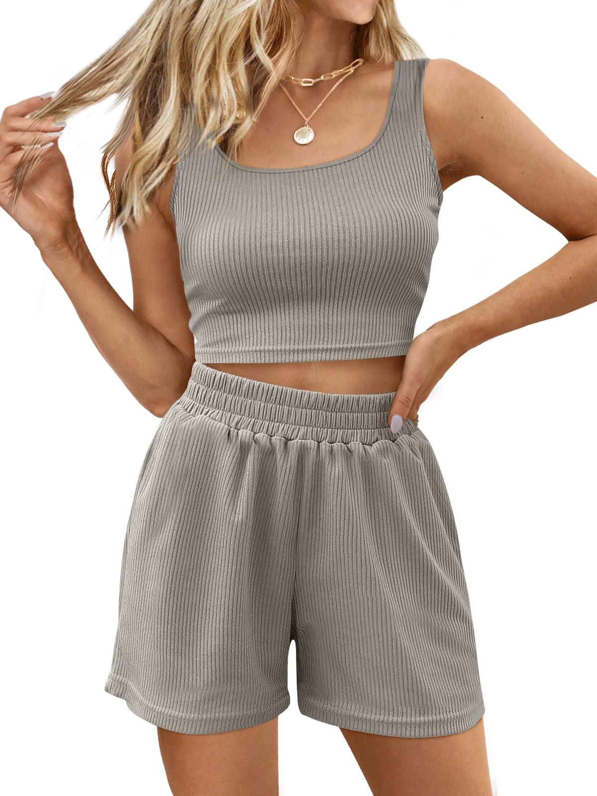 Trendy Queen Vacation Dresses for Women Two Piece Summer Outfits 2 Piece Sets 2025 Sleeveless Matching Lounge Crop Top High Waisted Short Grey S