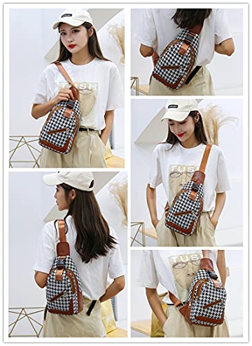 DAISHA Houndstooth canvas Casual Sling Backpack Multi-pocket,Travel Hiking Chest Bag Crossbody Daypack for Men & Women., Black, ytt3717