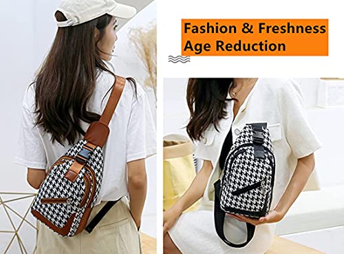 DAISHA Houndstooth canvas Casual Sling Backpack Multi-pocket,Travel Hiking Chest Bag Crossbody Daypack for Men & Women., Black, ytt3717