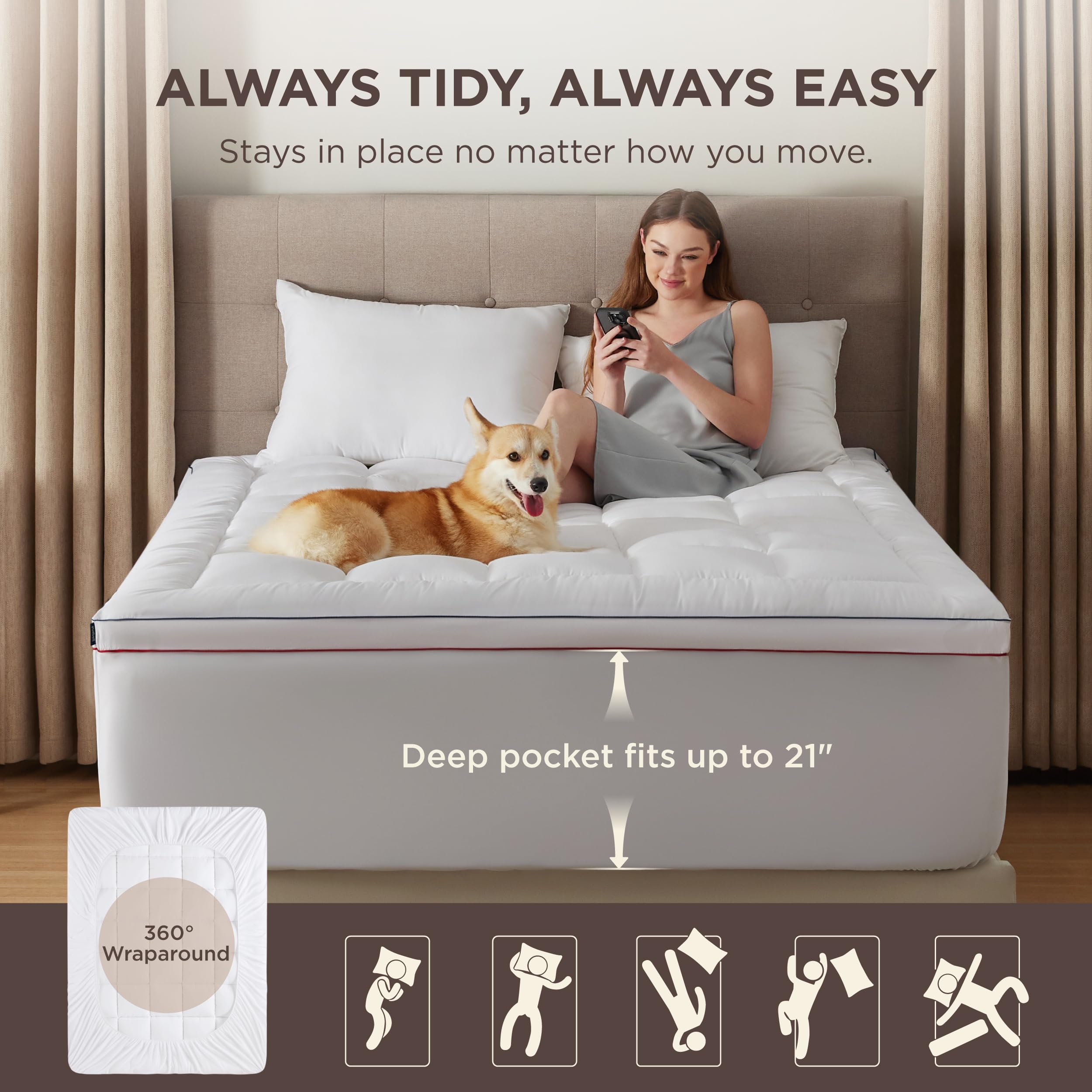 Bedsure Twin Mattress Topper, Pillow Top Mattress Topper Twin with Deep Pocket fits up to 21 Inches, Extra Soft Thick Bed Pad Cover with Fluffy Breathable, White