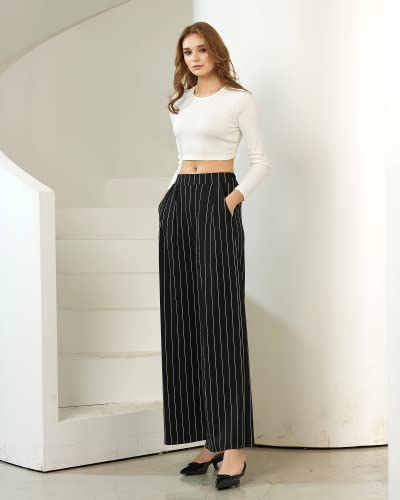 noflik Women's Business Casual High Waisted Wide Leg Palazzo Work Pants with Pockets (Black Stripe, M)