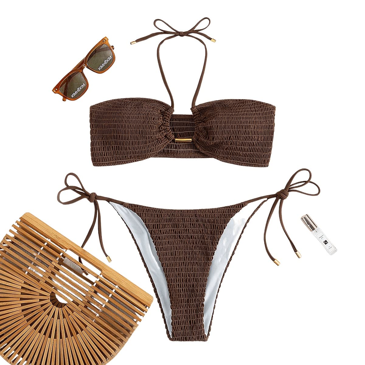 SweatyRocks Women's 2 Piece Bathing Suit Ribbed Tie Side Halter Bikini Swimsuit Coffee Brown XS