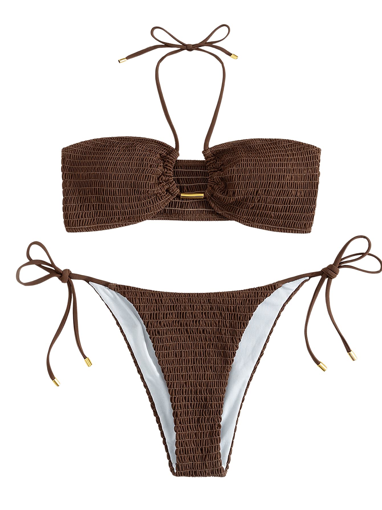 SweatyRocks Women's 2 Piece Bathing Suit Ribbed Tie Side Halter Bikini Swimsuit Coffee Brown XS