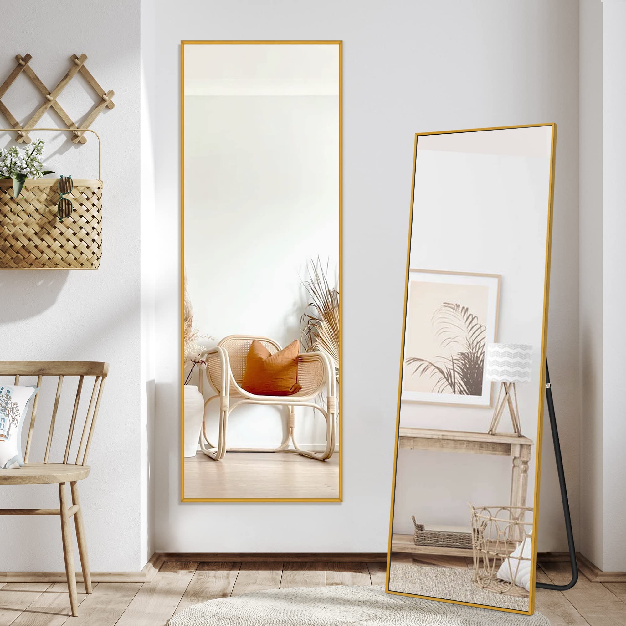 NicBex 64 x 21 Inch Full Length Mirror, Aluminum Alloy Frame Large Wall Mirror, Vanity Mirror, Bedroom Mirror, Dressing Mirror, Living Room Mirror, Gold, with Stand