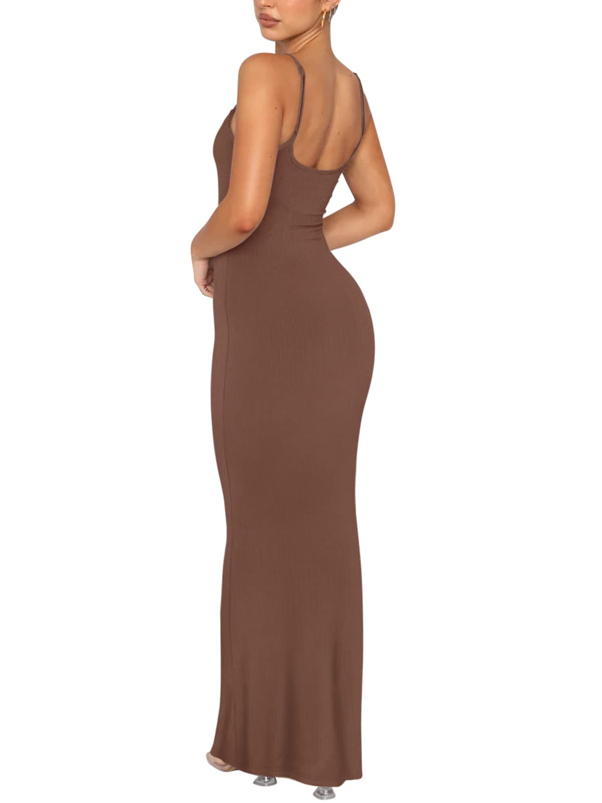 REORIA Women's Sexy Casual Lounge Slip Long Dress Elegant Wedding Guest Sleeveless Backless Ribbed Bodycon Maxi Dresses Coffee X-Small