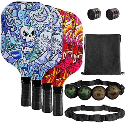 Pickleball Paddles Set of 4, Ornate Skull Pattern Pickleball Rackets with 4 Premium Wood Paddles & 4 Pickleballs & 2 Handle Grips Tape & 2 Pickleball Belts & Carry Bag for Beginners Men Women Adults