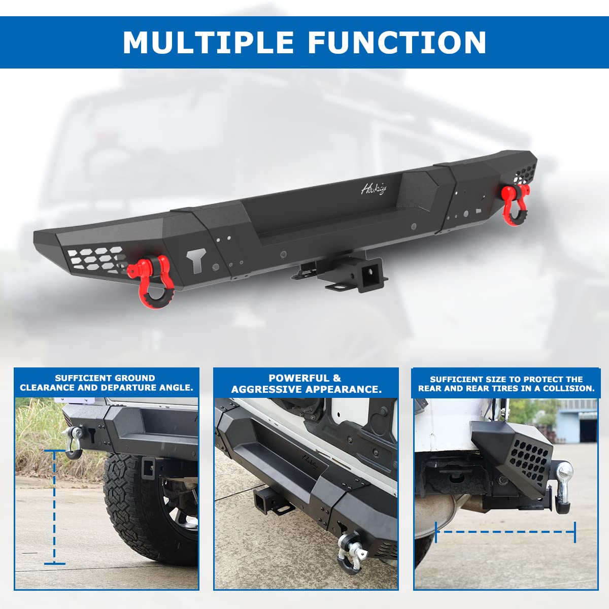 Rear Bumper for Jeep 2007-2018 Wrangler JK Unlimited, HAWKLEY Alloy Steel Full Width JK Rear Bumper with D-ring and 2" Standard Receiver Hitch for 07-18 Wrangler JKU Unlimited 4WD 2WD