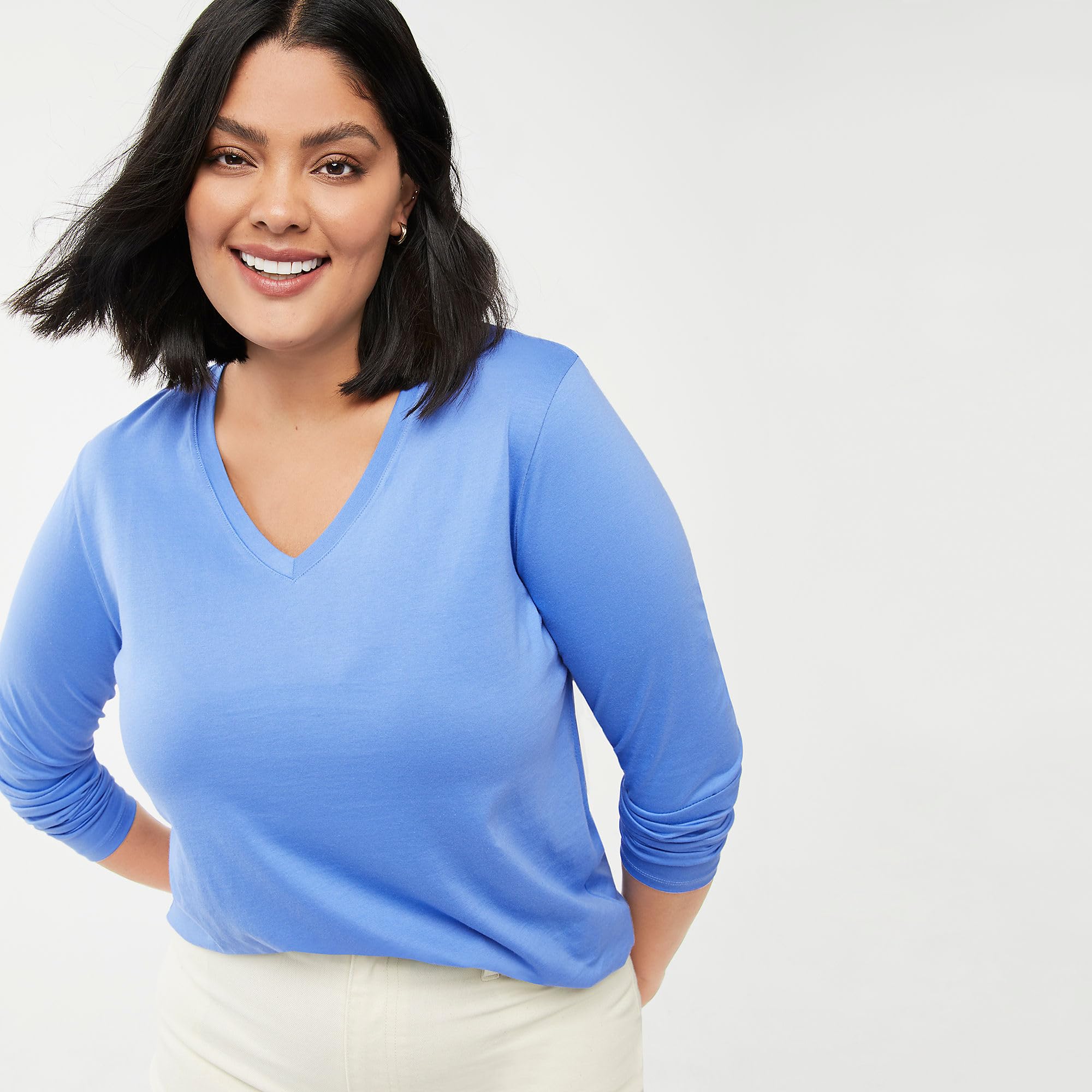 Lands' End Women s LS Relaxed Supima V Neck T Shirt Chicory Blue Plus 2X
