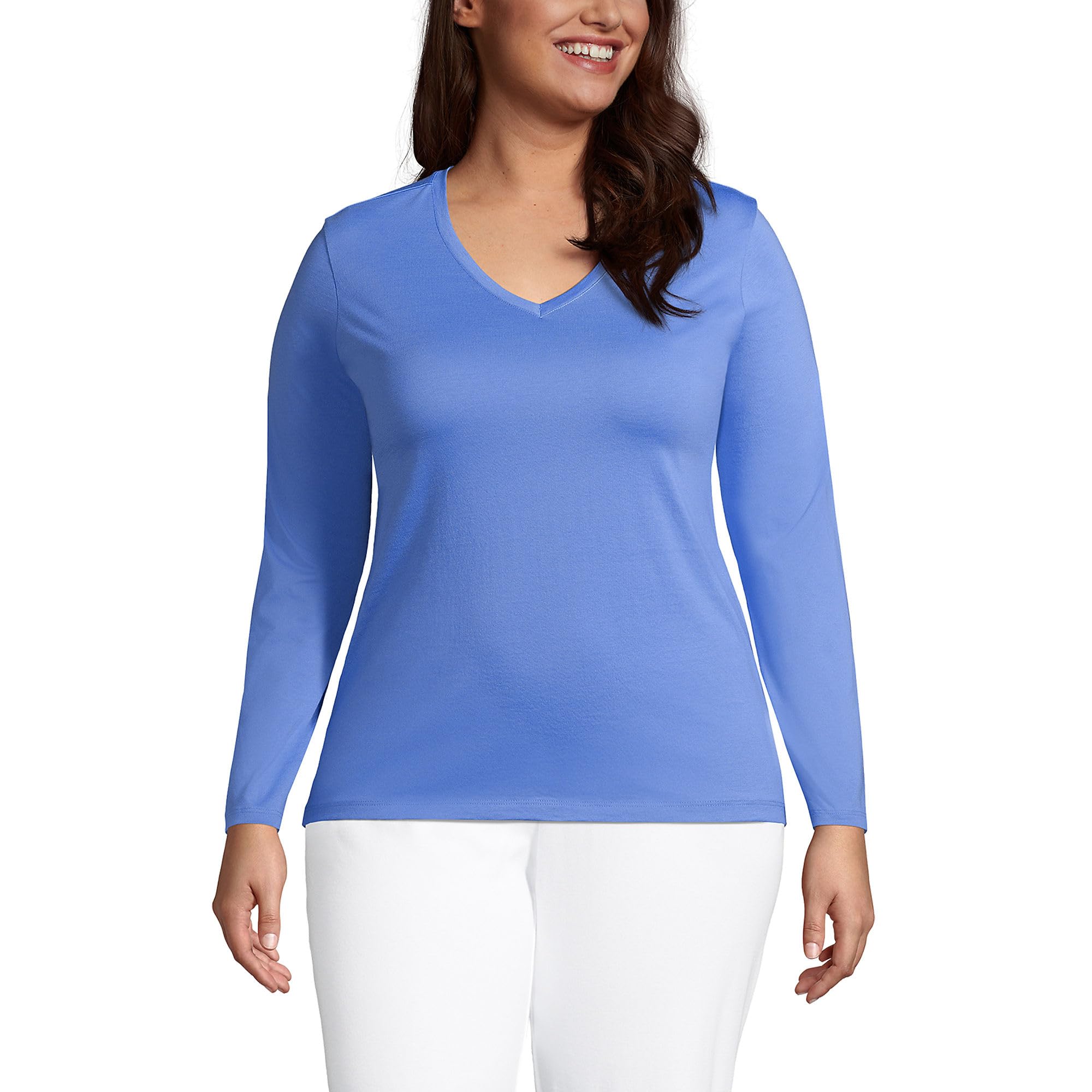 Lands' End Women s LS Relaxed Supima V Neck T Shirt Chicory Blue Plus 2X
