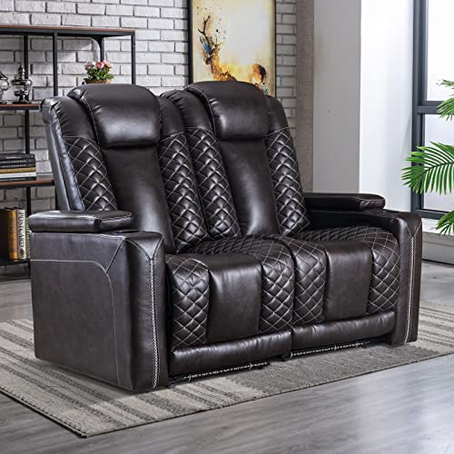CANMOV Home Theater Seating, Electric Power Recliner with USB Ports and Cup Holders, Breathable Faux Leather Loveseat with Hidden Arm Storage, Ambient Lighting (Row of 2 Loveseat, Brown)