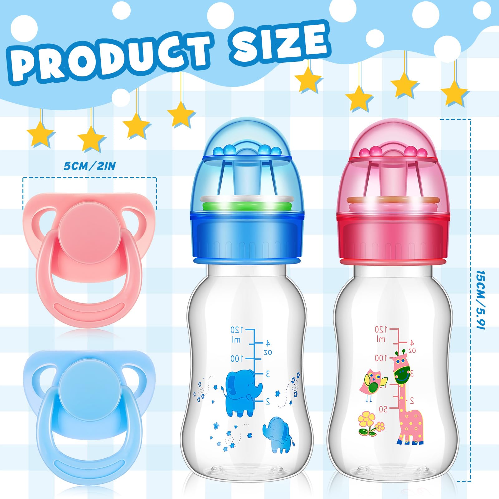 Jexine 4 Pieces Reborn Doll Accessories, Includes 2 Magnetic Pacifier and 2 Baby Doll Bottles Baby Alive Pacifier Feeding Bottle Gift for Baby Shower Birthday, Random Pattern, Pink and Blue (Cute)