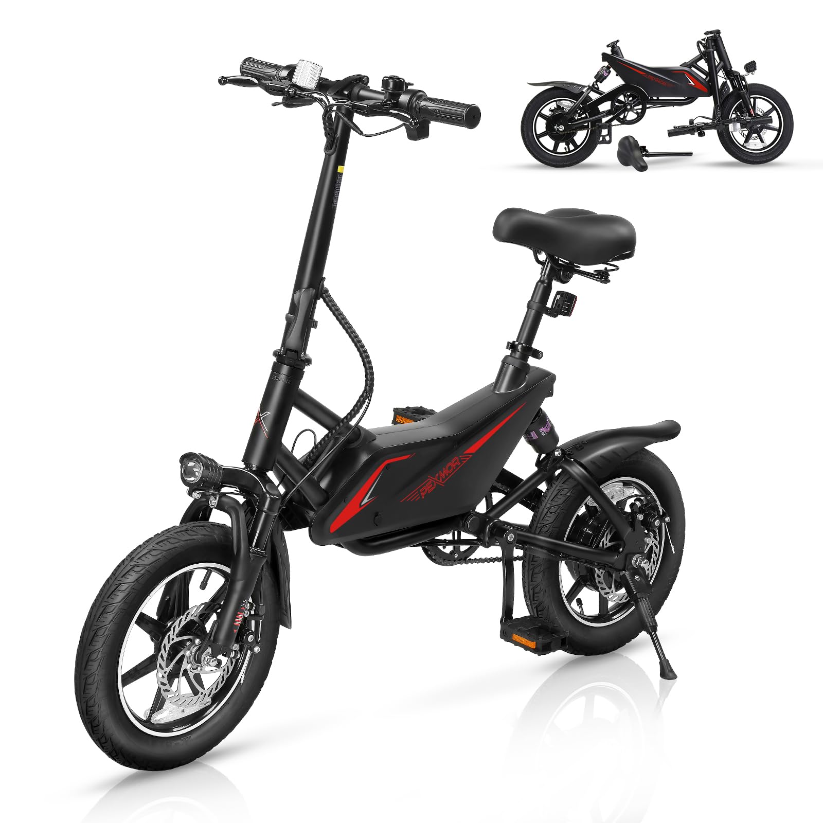 PEXMOR Electric Bike for Adults, 350W Motor (Peak 500W) Folding Ebike | Full Suspension | 36V 6AH Battery, 14" Foldable Commuter City Electric Bicycle for Adults/Teens, Complies to UL2849