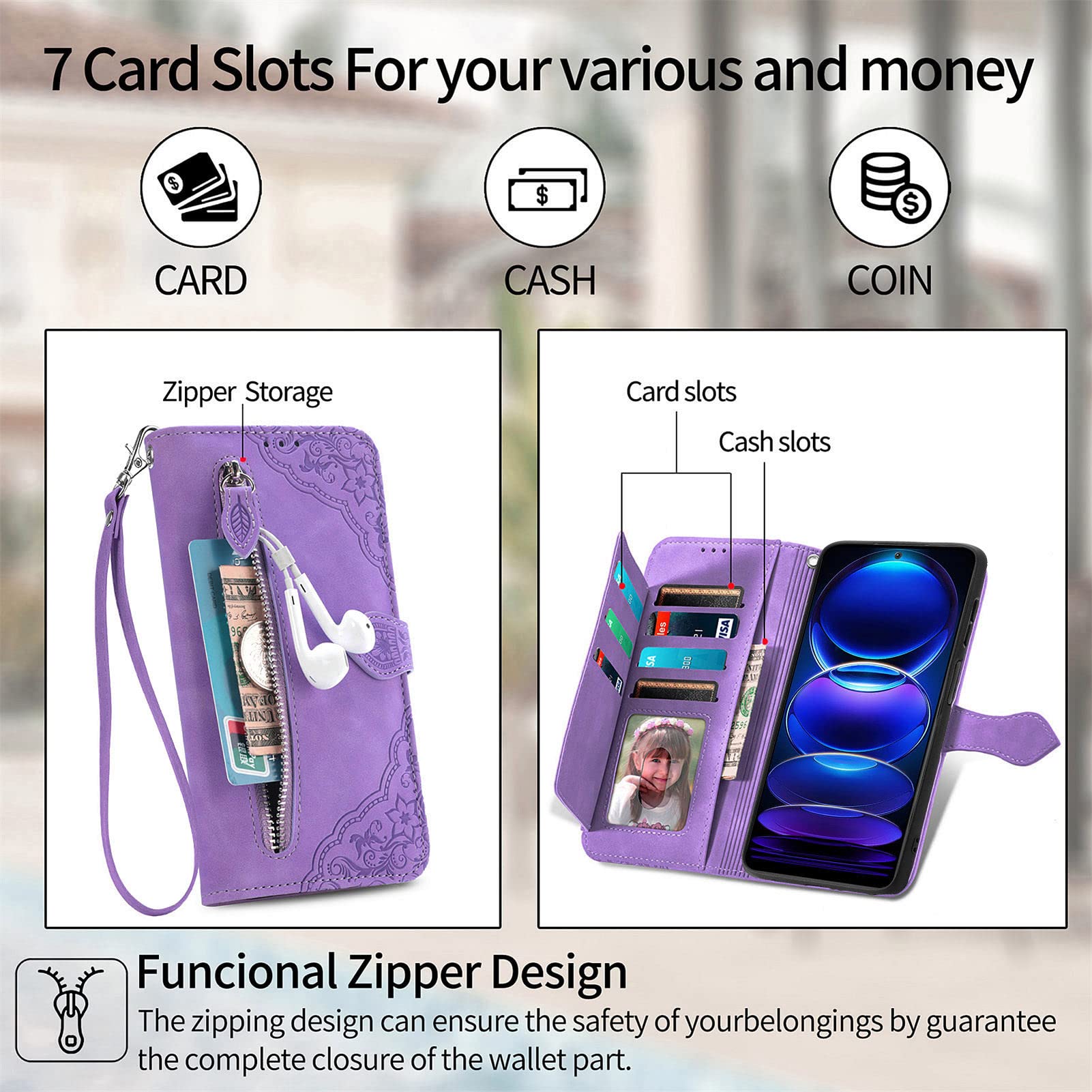 Monwutong Zipper Storage Wallet Case for Redmi Note 12 Pro 5G, Case for Xiaomi Poco X5 Pro,Skin Friendly Feel Leather Case with Muliti-Card Slots Holster for Poco X5 Pro/Note 12 Pro,SZY Pink
