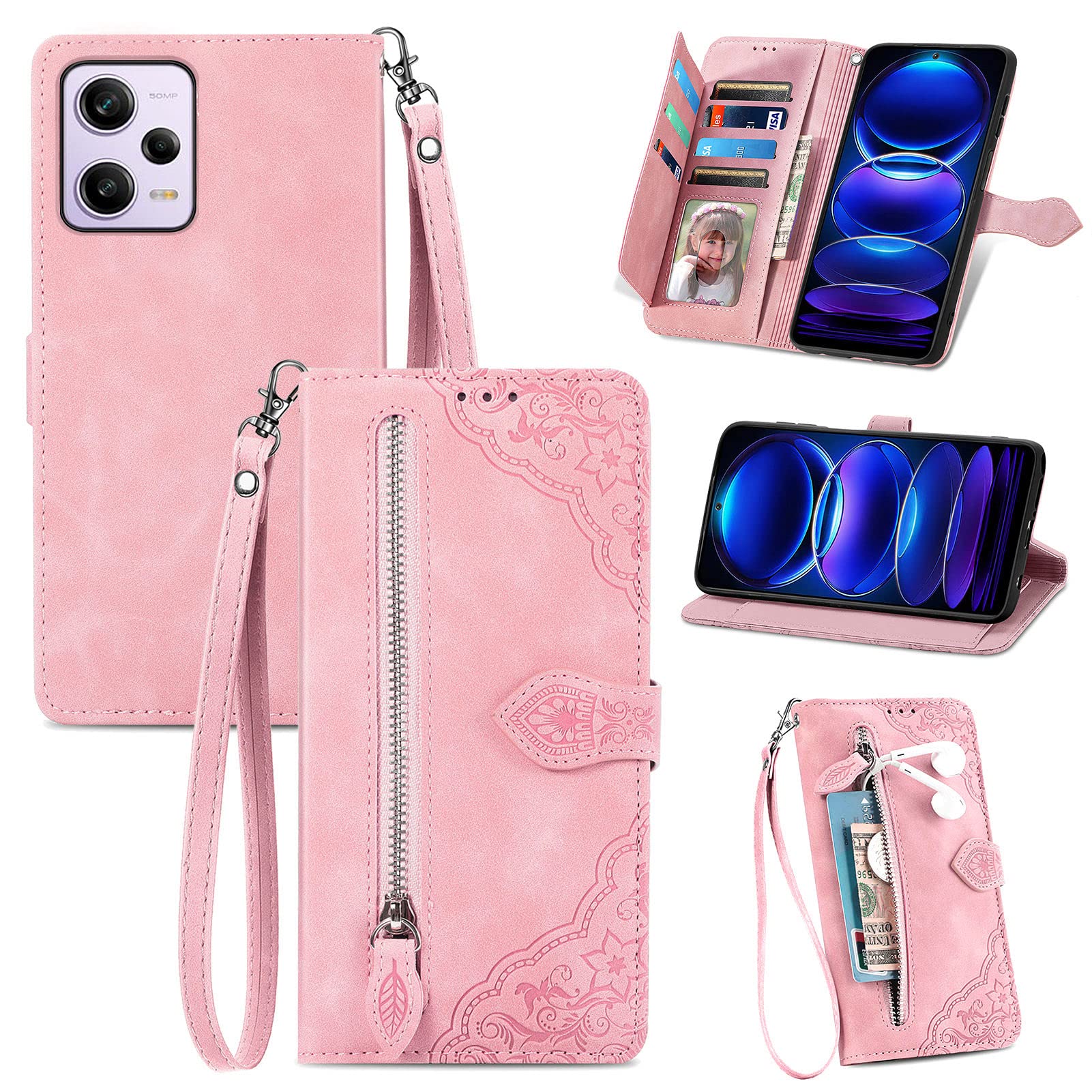 Monwutong Zipper Storage Wallet Case for Redmi Note 12 Pro 5G, Case for Xiaomi Poco X5 Pro,Skin Friendly Feel Leather Case with Muliti-Card Slots Holster for Poco X5 Pro/Note 12 Pro,SZY Pink