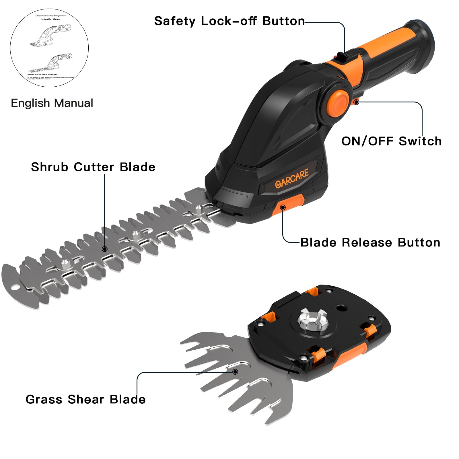 GARCARE 2 in 1 Grass Shear Cordless 7.2V Bush Timmer Handheld Grass Cutter for Shrub, Garden and Lawn Built-in 1500mAh Lithium Battery with 60min Fast Charger