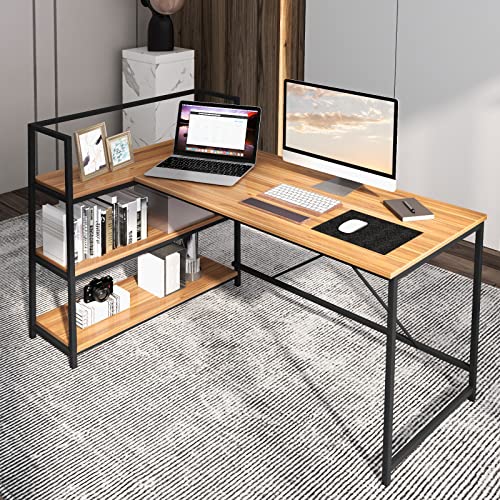 Tangkula Reversible L-Shaped Computer Desk, Space Saving Corner Desk with 3-Tier Storage Shelves & Metal Frame, Modern Executive Home Office Desk, PC Laptop Desk Workstation for Small Space (Walnut)