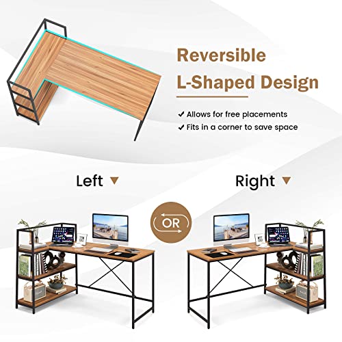 Tangkula Reversible L-Shaped Computer Desk, Space Saving Corner Desk with 3-Tier Storage Shelves & Metal Frame, Modern Executive Home Office Desk, PC Laptop Desk Workstation for Small Space (Walnut)