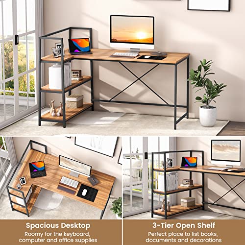 Tangkula Reversible L-Shaped Computer Desk, Space Saving Corner Desk with 3-Tier Storage Shelves & Metal Frame, Modern Executive Home Office Desk, PC Laptop Desk Workstation for Small Space (Walnut)