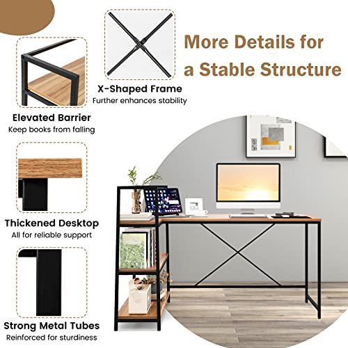 Tangkula Reversible L-Shaped Computer Desk, Space Saving Corner Desk with 3-Tier Storage Shelves & Metal Frame, Modern Executive Home Office Desk, PC Laptop Desk Workstation for Small Space (Walnut)