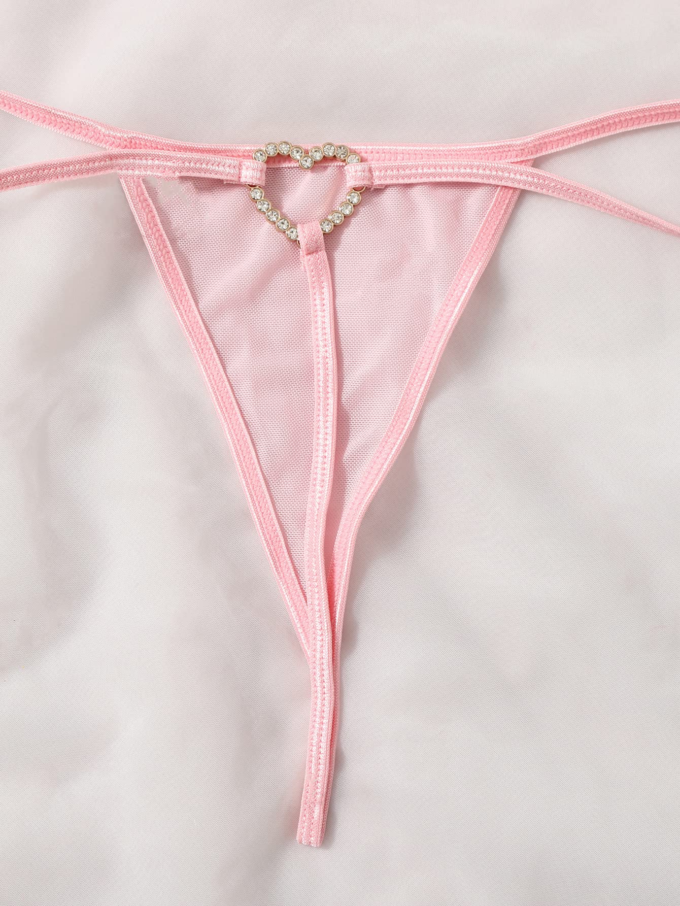 Verdusa Women's Rhinestone Mid Rise Mesh Thong Underwear Hipster Pink L
