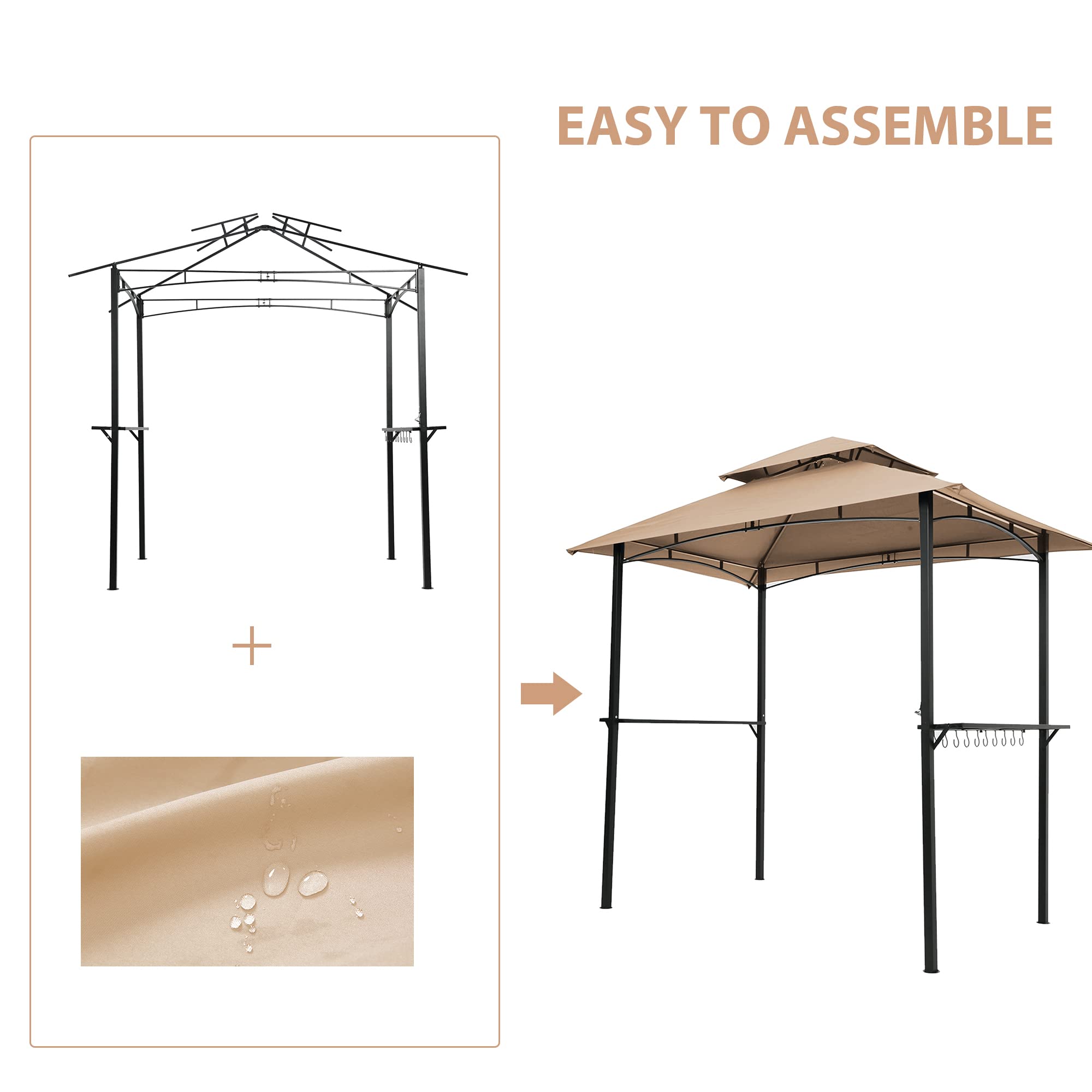 8x5 Ft Grill Gazebo Replacement Canopy Top Cover Double Tiered BBQ Gazebo Replacement Shade Cover (for 8x5 Ft Girll Gazebo Frame, Khaki-8x5 Ft)