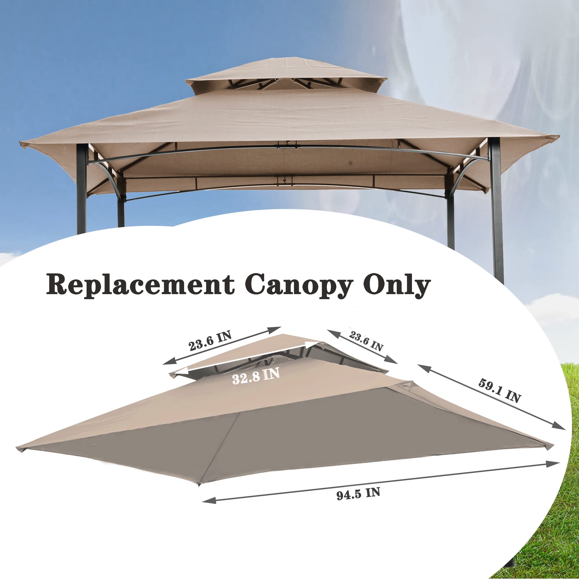 8x5 Ft Grill Gazebo Replacement Canopy Top Cover Double Tiered BBQ Gazebo Replacement Shade Cover (for 8x5 Ft Girll Gazebo Frame, Khaki-8x5 Ft)