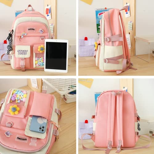 5Pcs Kawaii Backpack Set for School, Cute Aesthetic Backpack with Kawaii Pin and Accessories Bookbags for School Teens (Pink1)