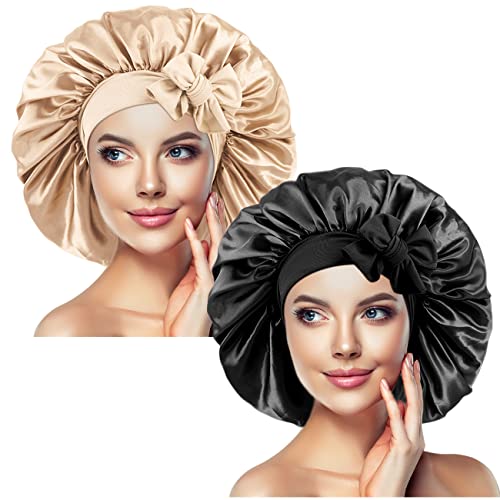 Weradau Pack of 2 Satin Sleeping Bonnet Women Elastic Satin Bonnet Sleep Cap, Adjustable Satin Shower Cap Hair Bonnet