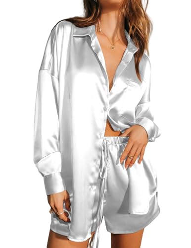 Ekouaer Womens 2 Piece Satin Pajama Set Long Sleeve PJs Sets Button Down Lounge Ssts Soft Sleepwear Set White M