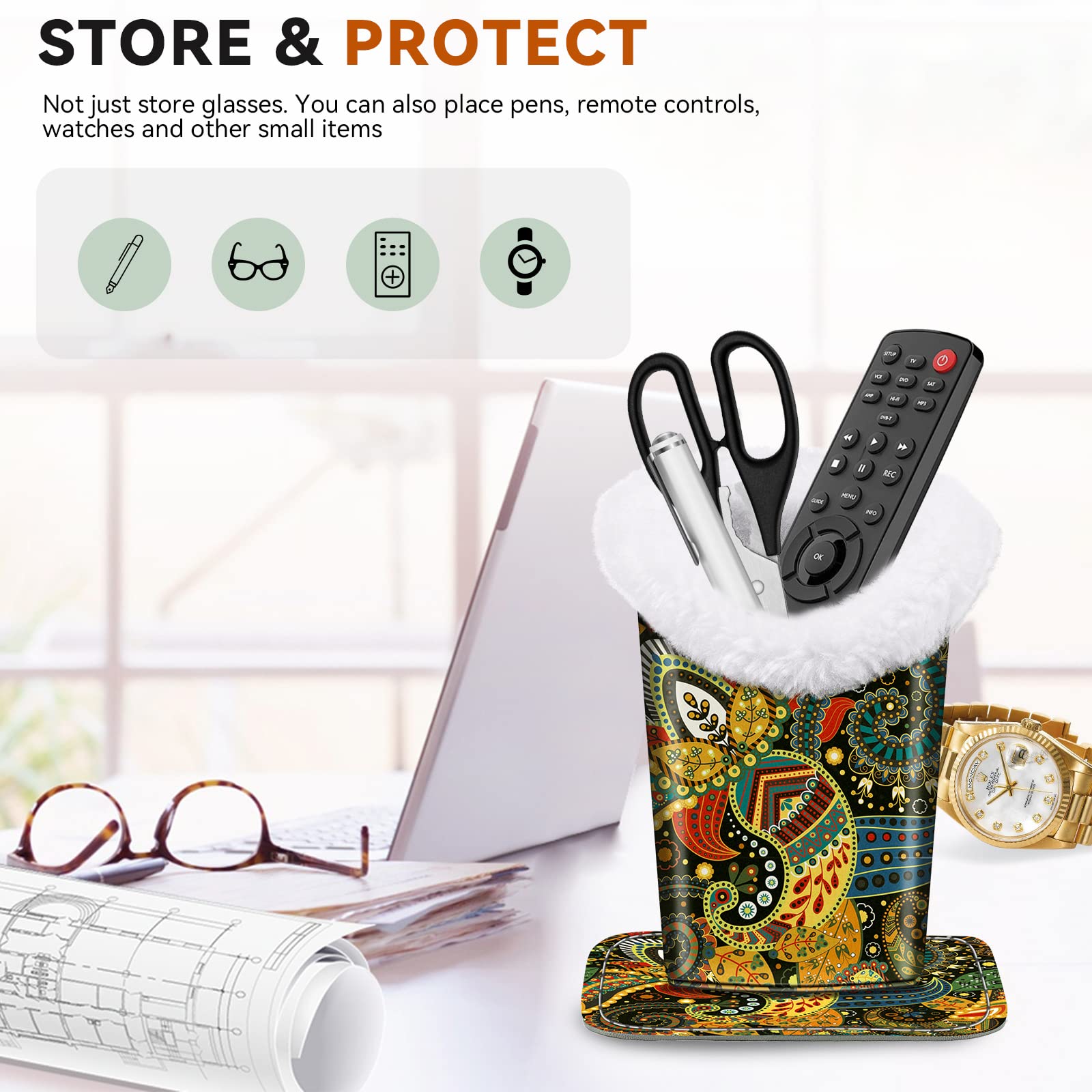 molshine Plush Lined Eyeglasses Stand Holder,Leather Glasses Upright Case with Magnetic Base for Office Desk,Bedside,Parlor-(Paisley)