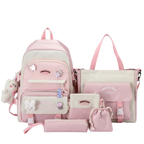 Kawaii Anime Canvas School Backpack 5Pcs Combo Set with Cute Bear Pendant and Pins Aesthetic Essential Kit Laptop Schoolbag (Pink)