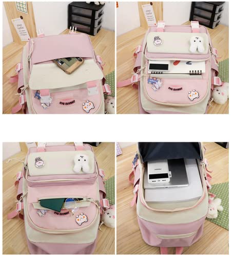 Kawaii Anime Canvas School Backpack 5Pcs Combo Set with Cute Bear Pendant and Pins Aesthetic Essential Kit Laptop Schoolbag (Pink)