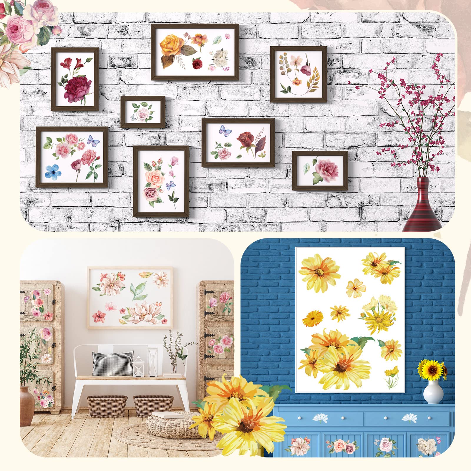 BBTO 12 Sheets Rub on Transfers for Crafts and Furniture Rub on Transfer Stickers Decals for Wood DIY Paper Home Decor, 5.5 x 5.7 Inch(Floral Style)
