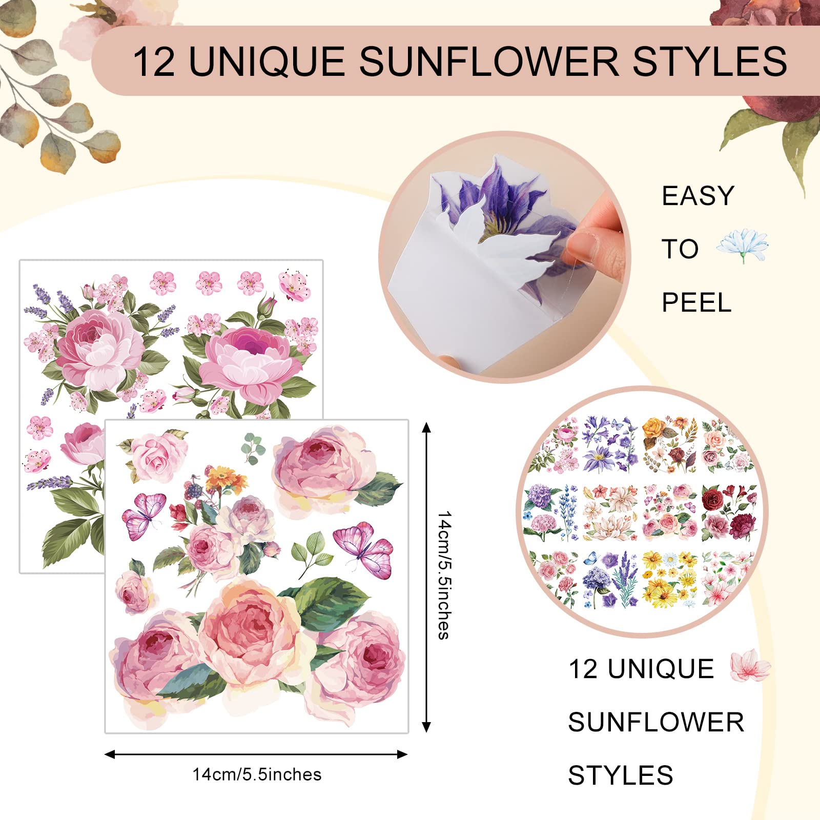 BBTO 12 Sheets Rub on Transfers for Crafts and Furniture Rub on Transfer Stickers Decals for Wood DIY Paper Home Decor, 5.5 x 5.7 Inch(Floral Style)