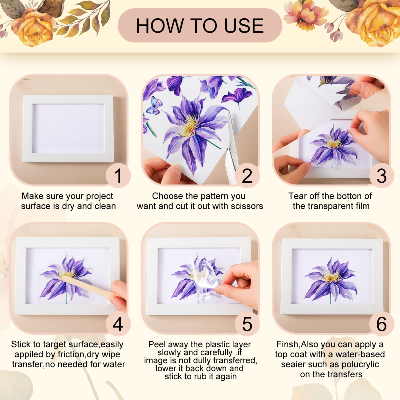 BBTO 12 Sheets Rub on Transfers for Crafts and Furniture Rub on Transfer Stickers Decals for Wood DIY Paper Home Decor, 5.5 x 5.7 Inch(Floral Style)
